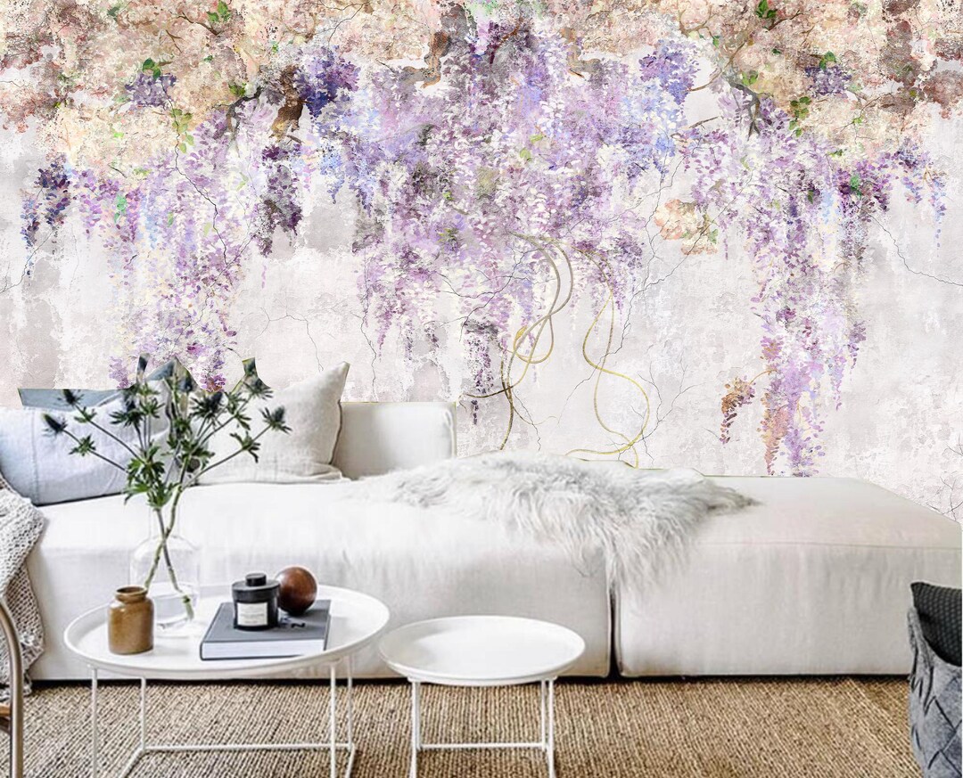 Lilac Floral Wallpaper Mural: Grunge Concrete Wall Decor - Etsy