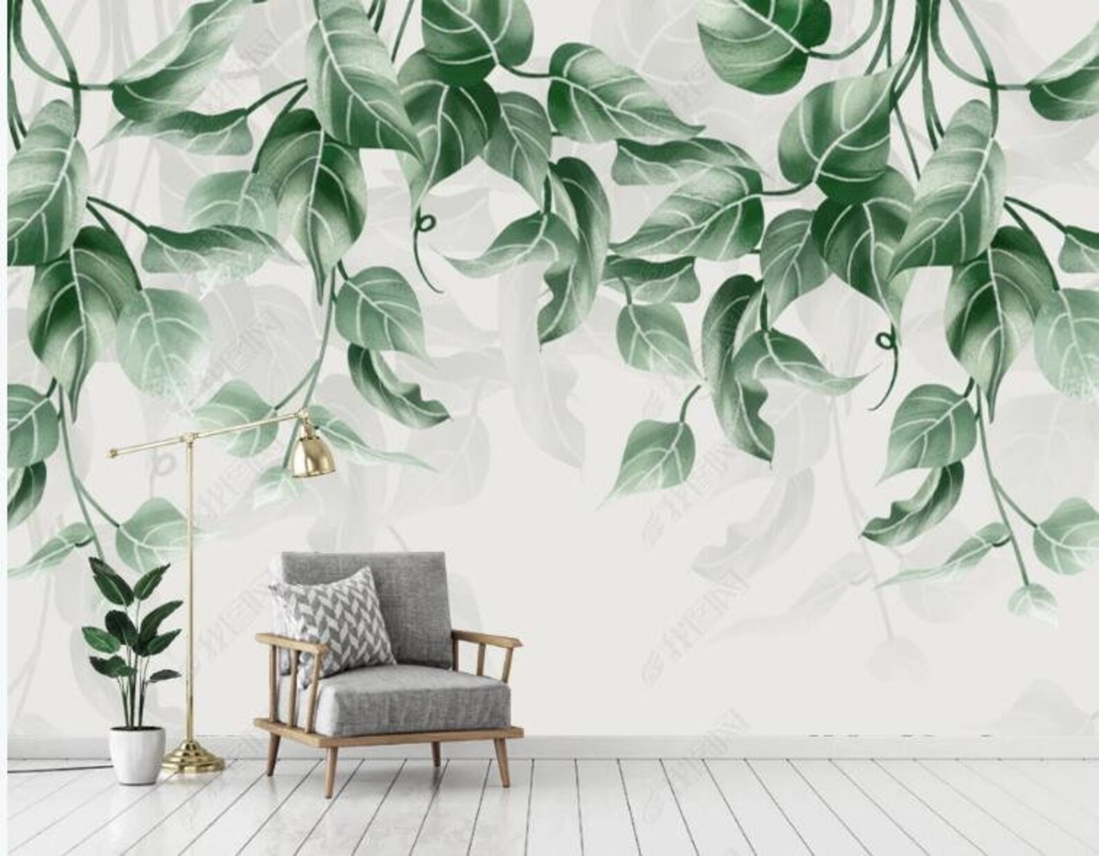 Hanging Several Green Leaves Wallpaper Wall Mural Spring | Etsy