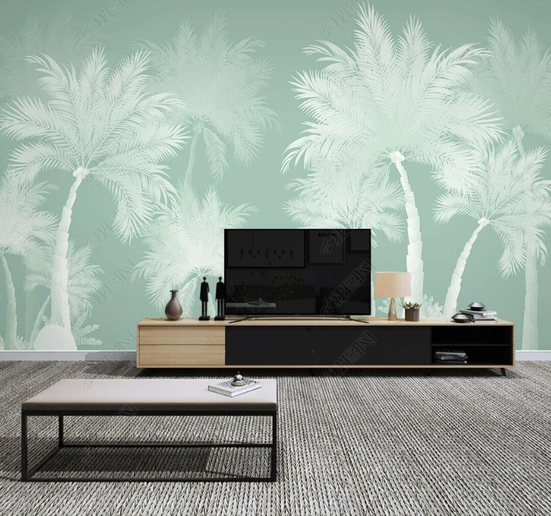 Mint Green Background White Coconut Tree Wallpaper Wall Mural - Etsy