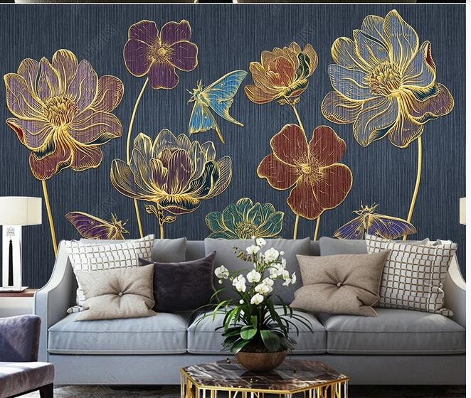 Custom Mural Wallpaper 3D Embossed Golden Line Drawing Plant | Etsy