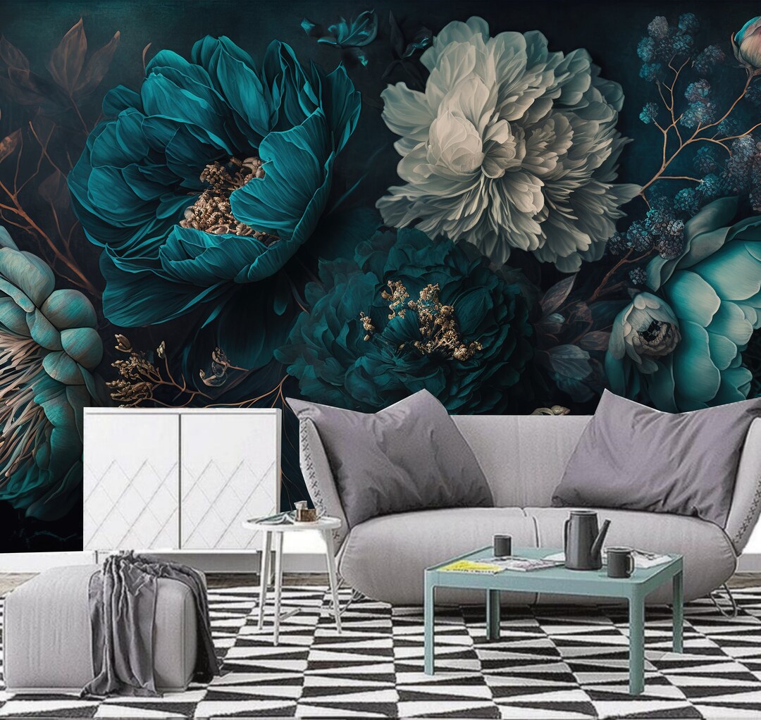 Dutch Dark Brown Background Green Peony Flowers Floral Wallpaper Wall ...