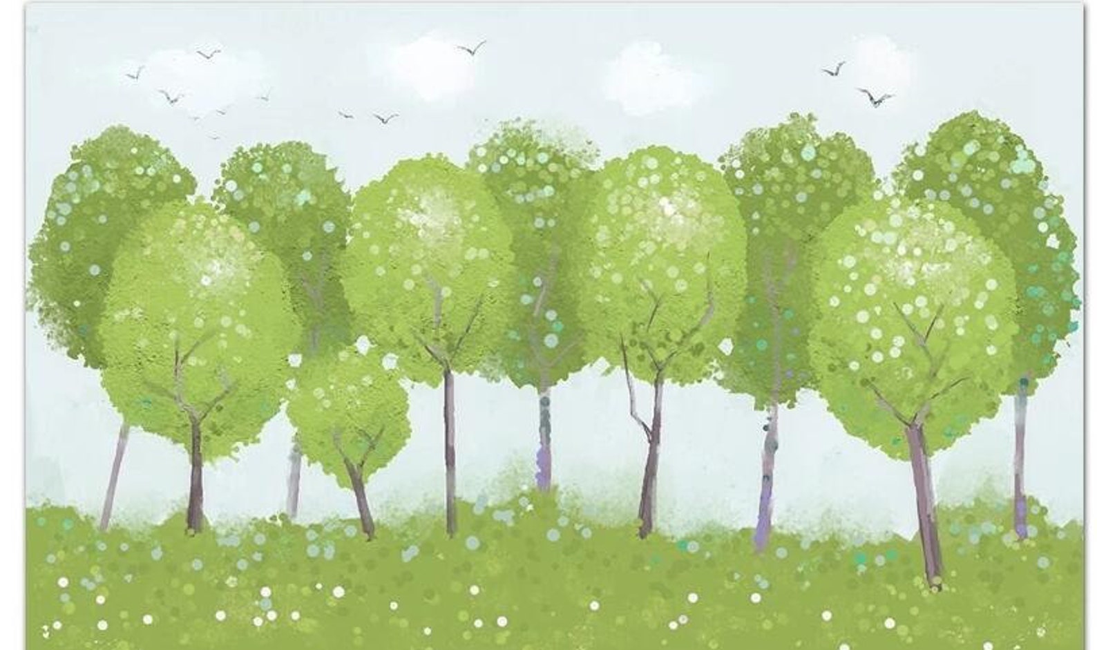 Hand painted Trees Forest Nursery WallpaperFlying Birds Green | Etsy