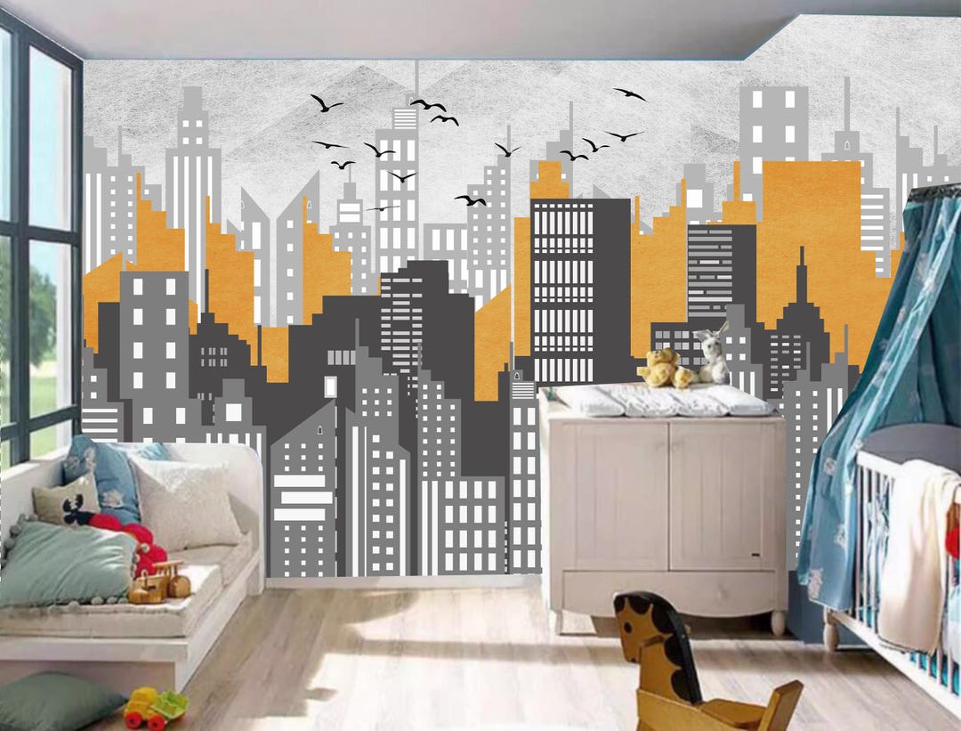 Cartoon Buildings City With Flying Birds Kids' Babies' Children's Room ...