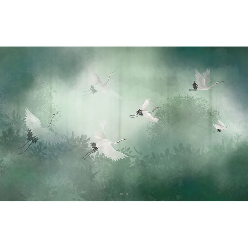 Green Background Cranes and Forest Trees Wallpaper Wall Mural - Etsy