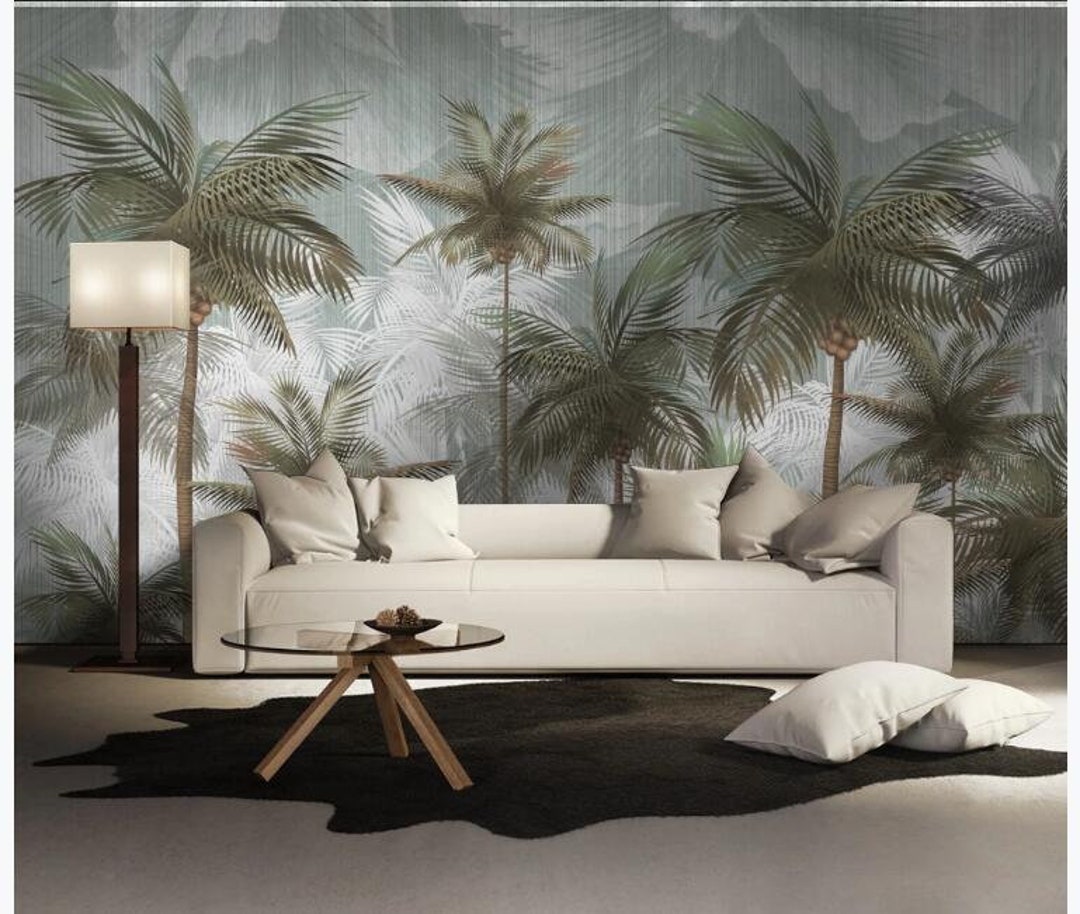 Tropical Rainforest Coconut Tree Wallpaper, Handpainted Coconut Tree ...
