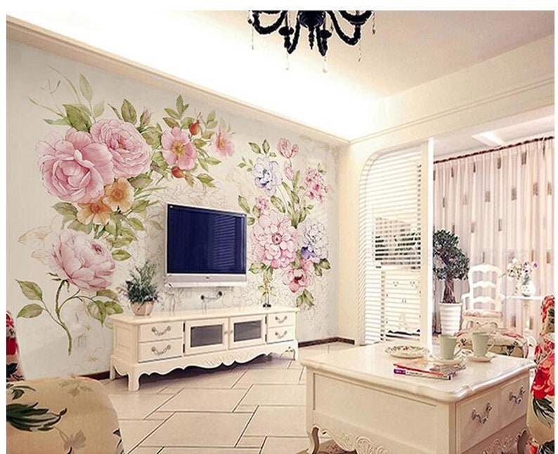 Watercolor Pink Rose Flowers Floral Wallpaper Wall Mural | Etsy