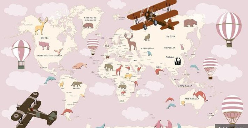 Safari Cartoon World Map Nursery Wallpaper Handpainted World - Etsy