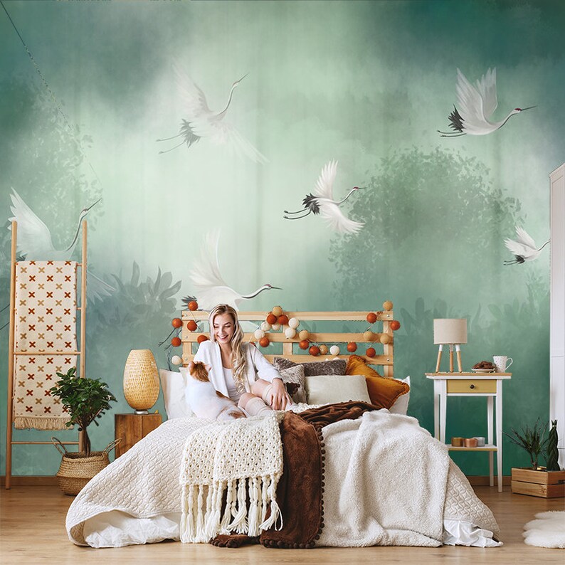 Green Background Cranes and Forest Trees Wallpaper Wall Mural - Etsy