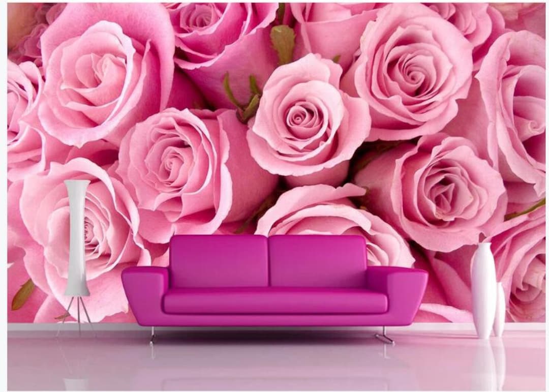 3D Pink Rose Floral Wallpaper: Hand-painted Wall Mural - Etsy