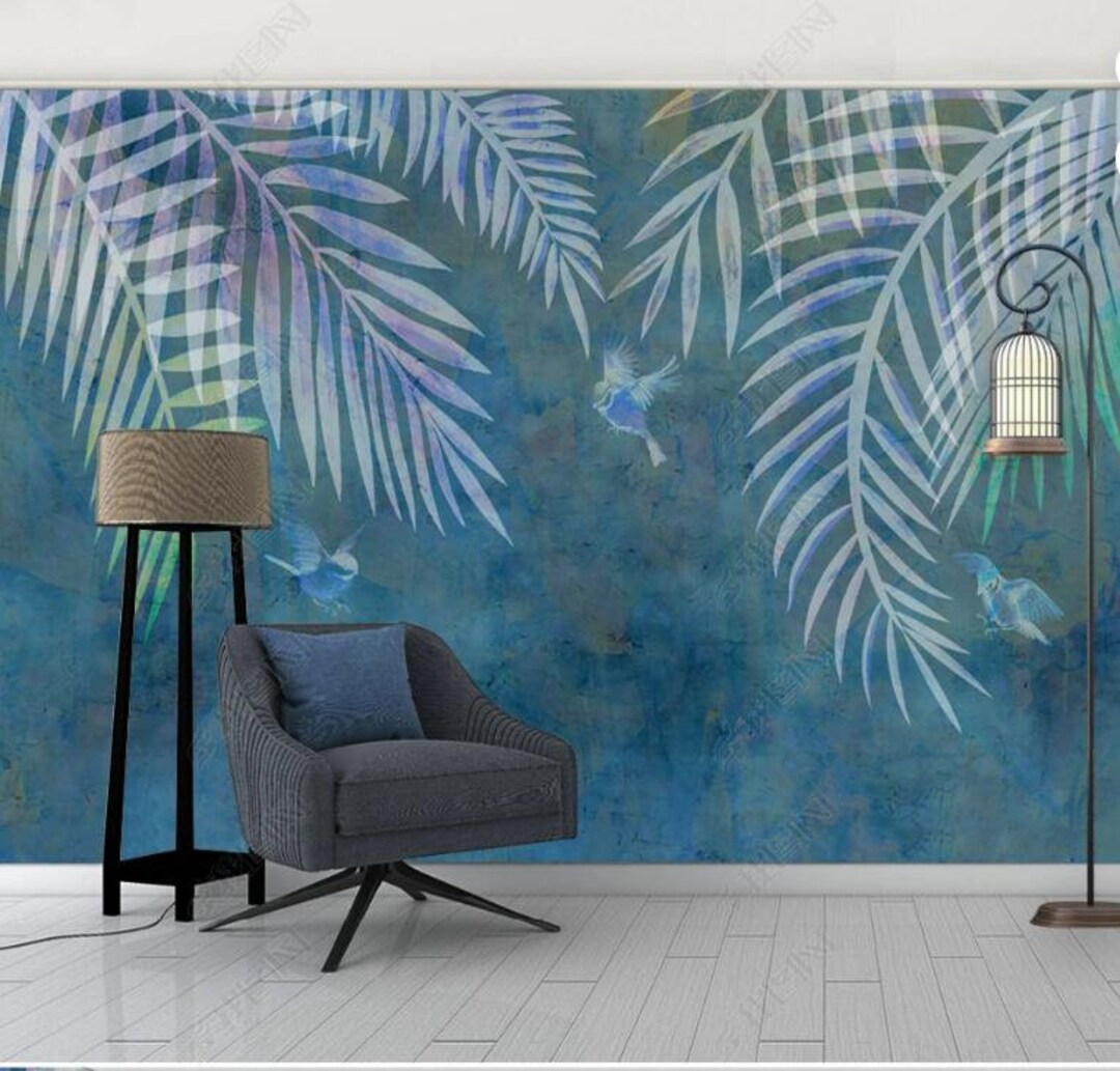 Blue Background Hanging White Plam Leaf Wallpaper Wall Mural Home Decor ...
