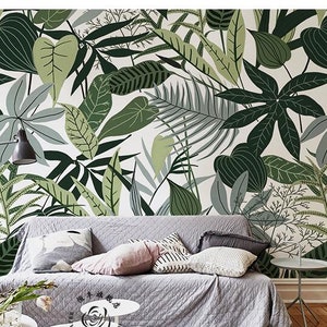Tropical Rain Forest Plants and Leaves Wall Mural, Green Leaves Wall ...