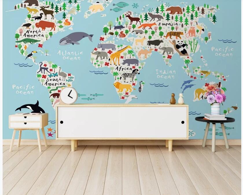 Safari Cartoon World Map Nursery Wallpaper World Map Cartoon | Etsy