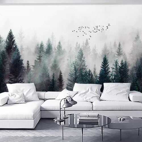Misty Forest Scene Mural Mountain Forests Mural Forest Haze - Etsy