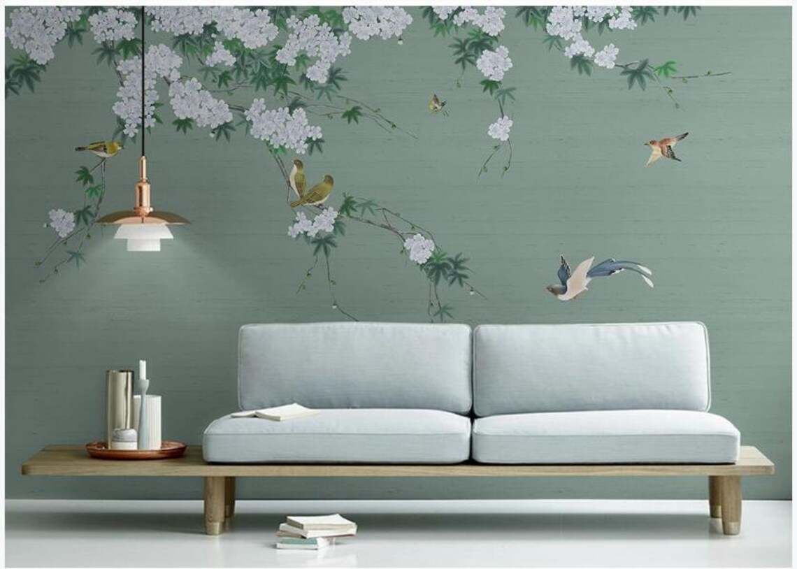Chinoiserie Hanging Cherry Tree Wallpaper Flying Birds Home | Etsy
