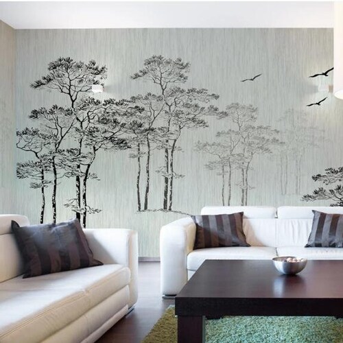 Oil Painting Grey Huge Trees Forest Wallpaper Handpainted - Etsy