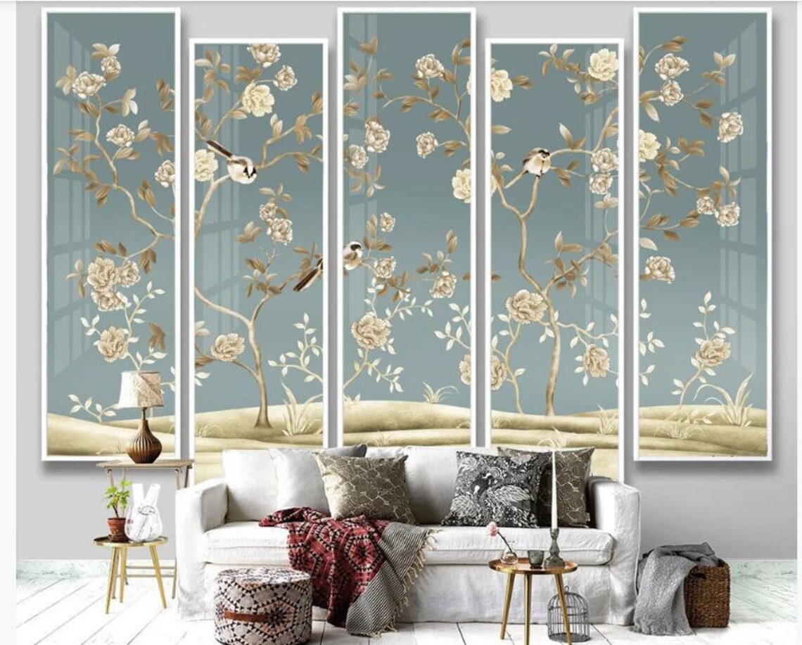 Chinoiserie Vine Flower Tree Wallpaper Handpainted Vivid - Etsy