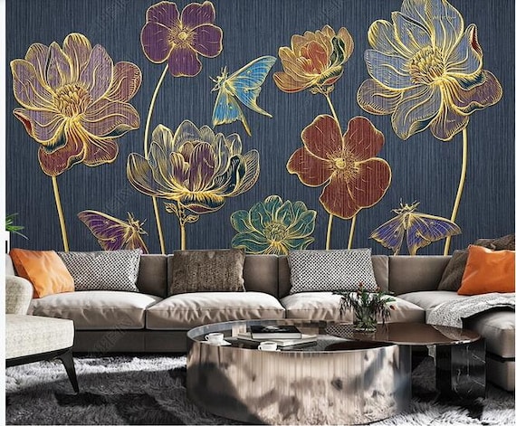 Custom Mural Wallpaper 3D Embossed Golden Line Drawing Plant | Etsy