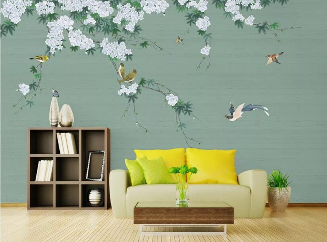 Chinoiserie Hanging Cherry Tree Wallpaper Flying Birds Home | Etsy