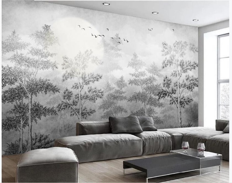 Grey Huge Trees Forest Wallpaper Handpainted Flying Birds and - Etsy