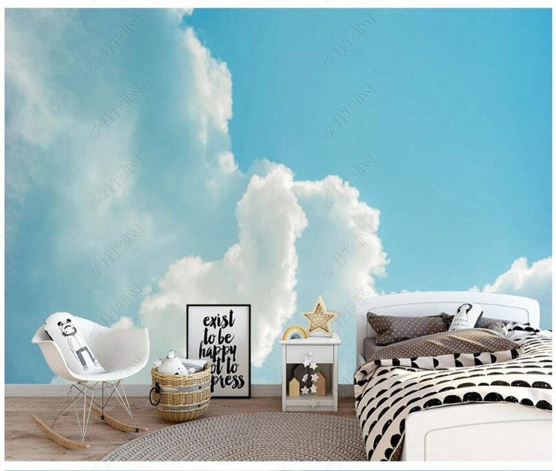 Blue Background White Clouds Wallpaper Wall Mural Home Decor for Living ... Blue Background White Clouds Wallpaper Wall Mural Home Decor for Living ...