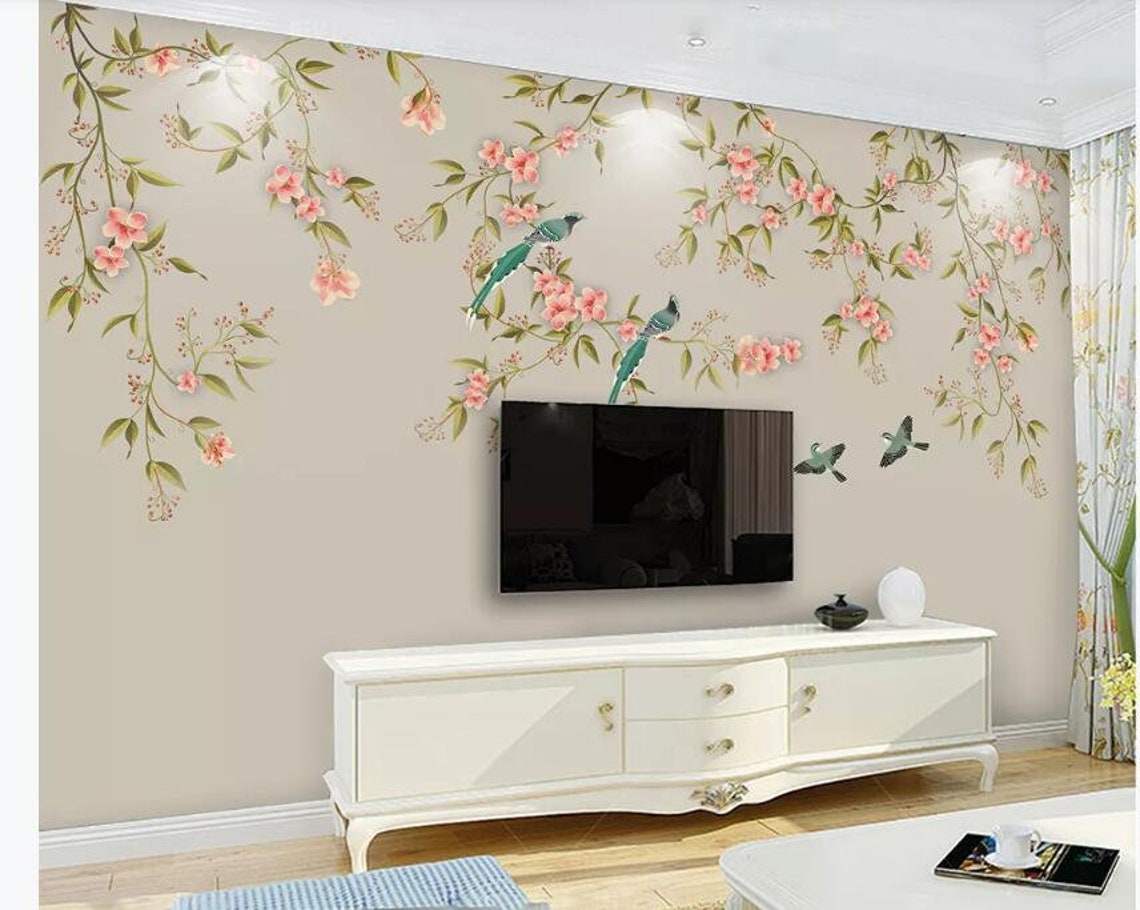 Chinoiserie Hanging Plum Tree Wallpaper Flying Birds Home | Etsy