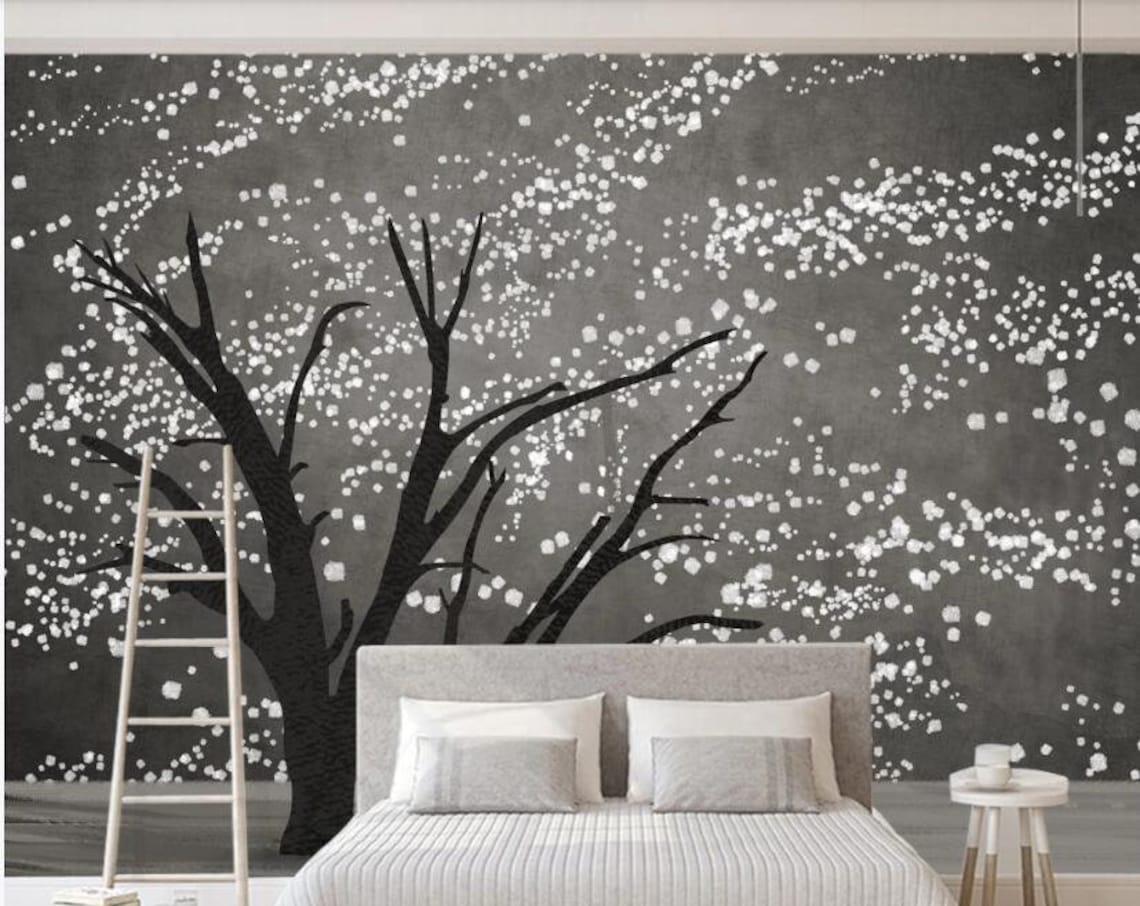 Grey Background Huge Tree Wallpaper Handpainted White Leaves - Etsy