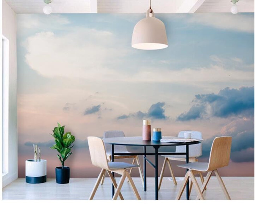 Skye Blue Light White and Pink Clouds Wallpaper, Simple Nature Clouds Wall Murals Wall Decor for ...
