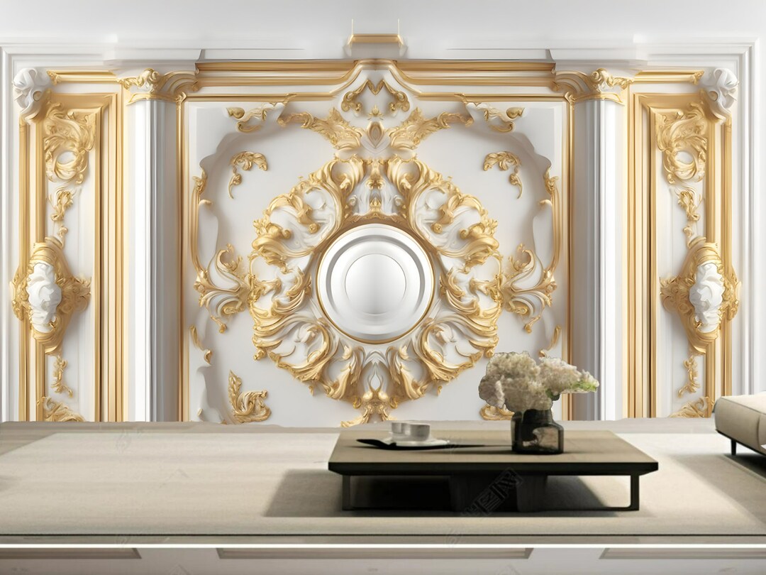 3D Gold Frame With a Round Plate Column Wallpaper Wall Mural - Etsy
