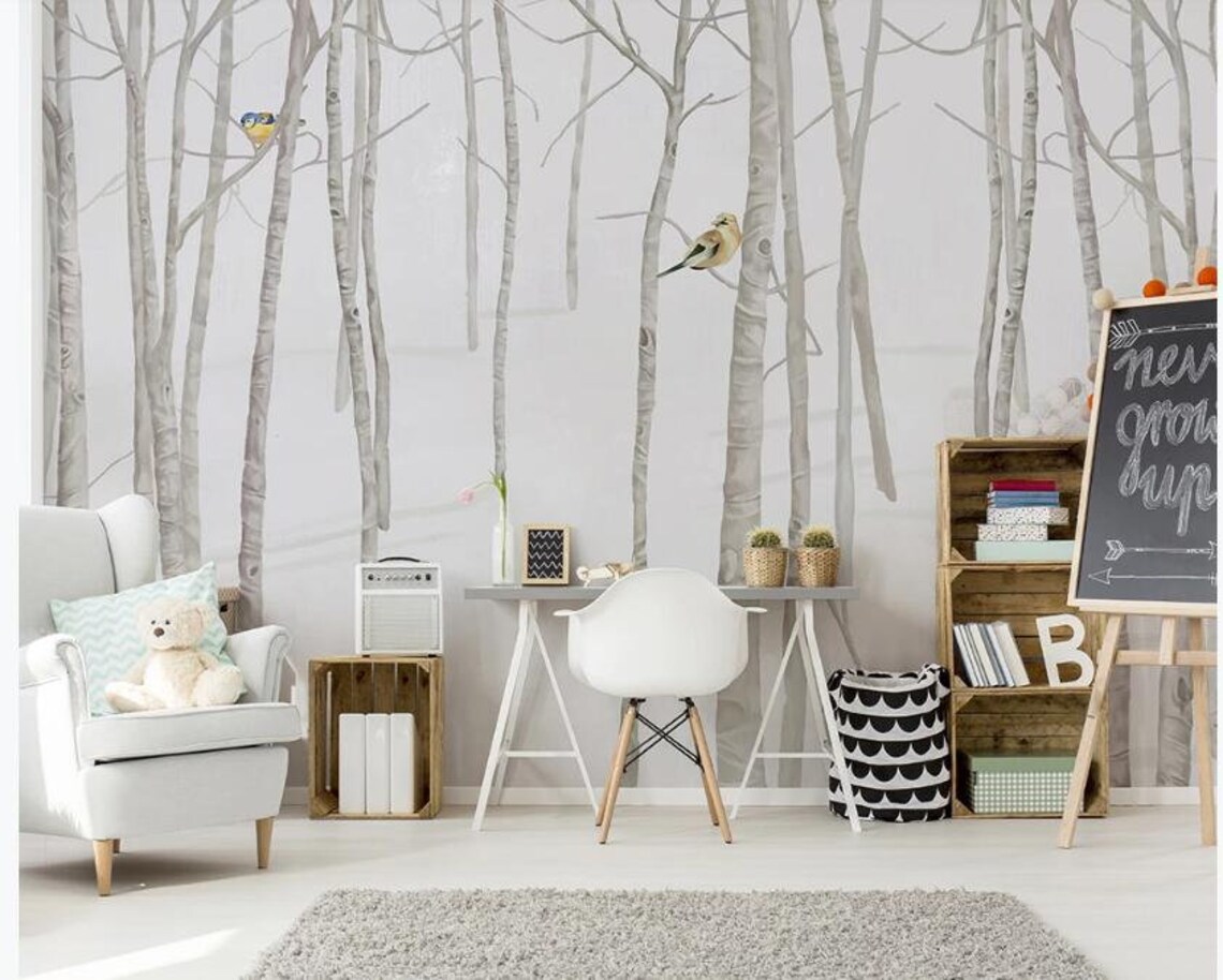 Oil Painting Grey Huge Trees Birch Forest Wallpaper - Etsy UK