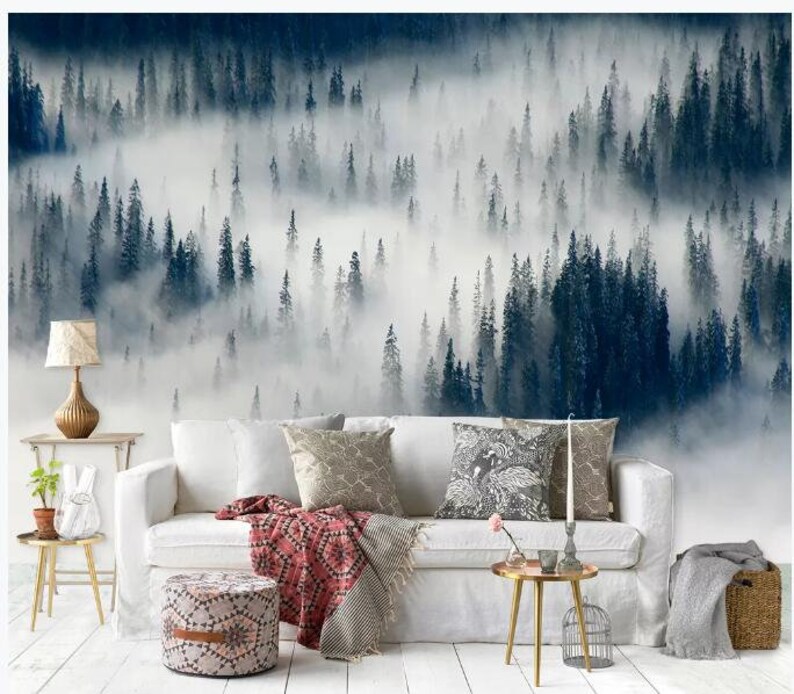 Misty Forest Scene Mural Foggy Mountain Trees Forests Mural - Etsy UK