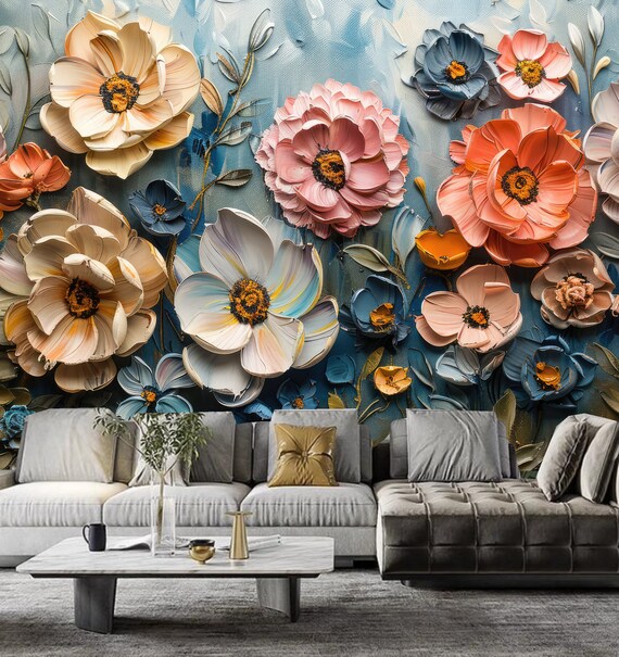 Colorful Flowers Floral Wallpaper Home Decor Wall Mural for Living Room Bedroom or Dinning Room Etsy Canada