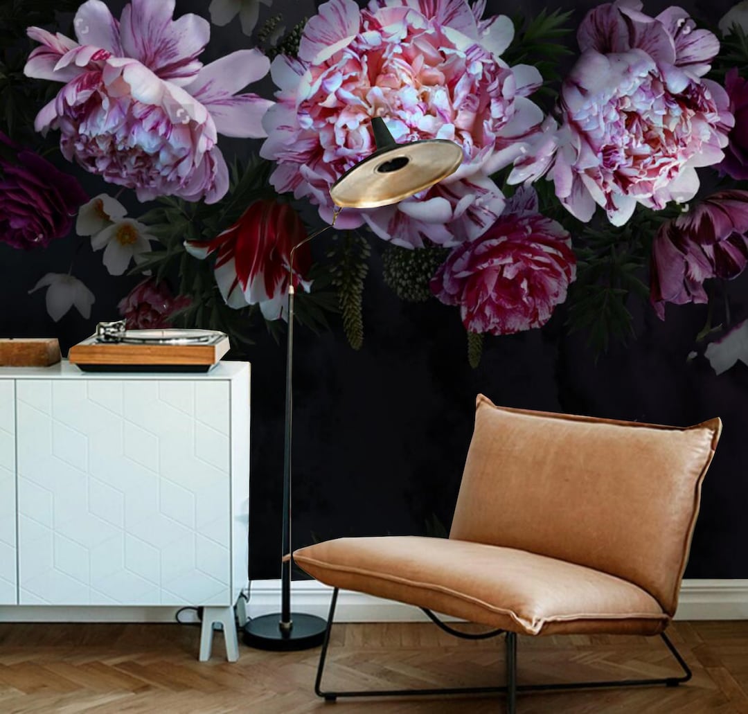 Dutch Pink Flowers Peony Floral Dark Background Wallpaper Wall Mural ...