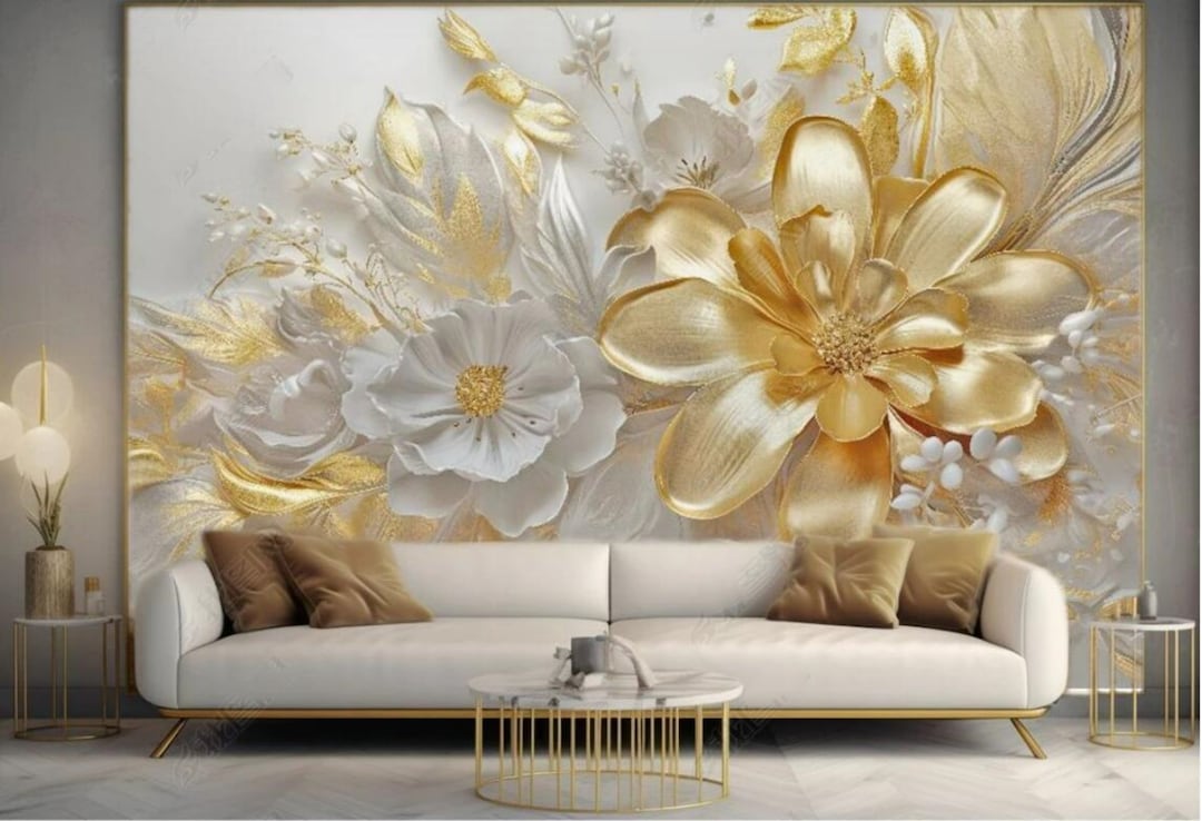 Gold Flowers Floral Wallpaper Wall Mural Home Decor for Living Room ...