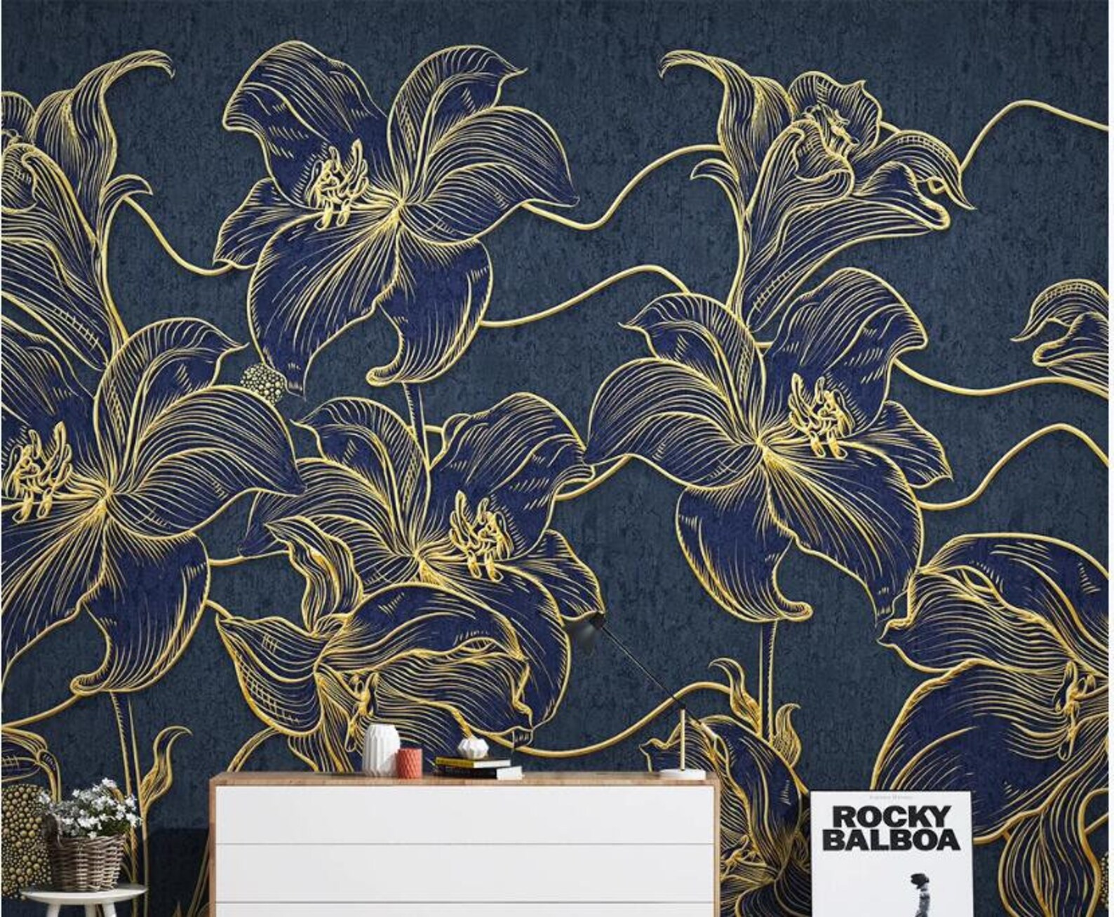 Navy Blue Background Gold Flowers Lily Wall Mural Hand - Etsy