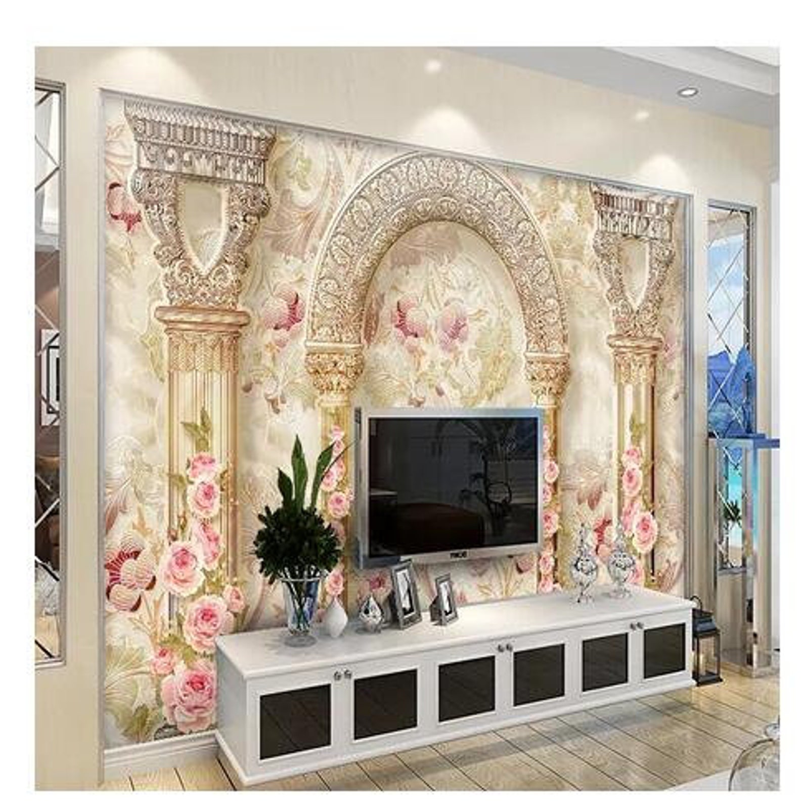 European Luxurious Flower Roman Column Mural for Living Room - Etsy