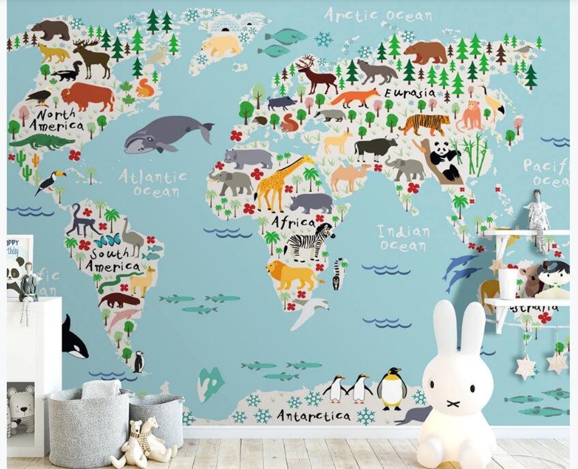 Safari Cartoon World Map Nursery Wallpaper World Map Cartoon | Etsy