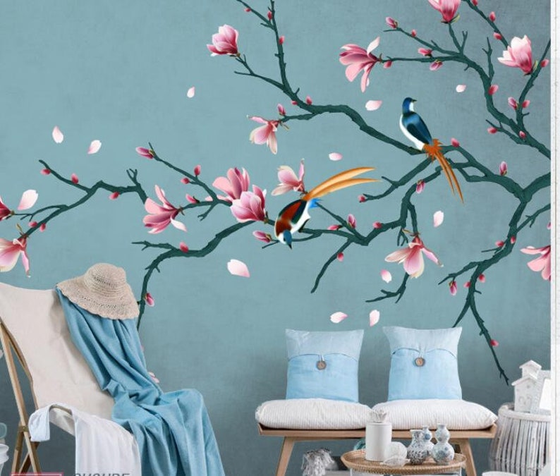 Chinoiserie Hanging Pink Plum Tree Wallpaper Flying Birds - Etsy