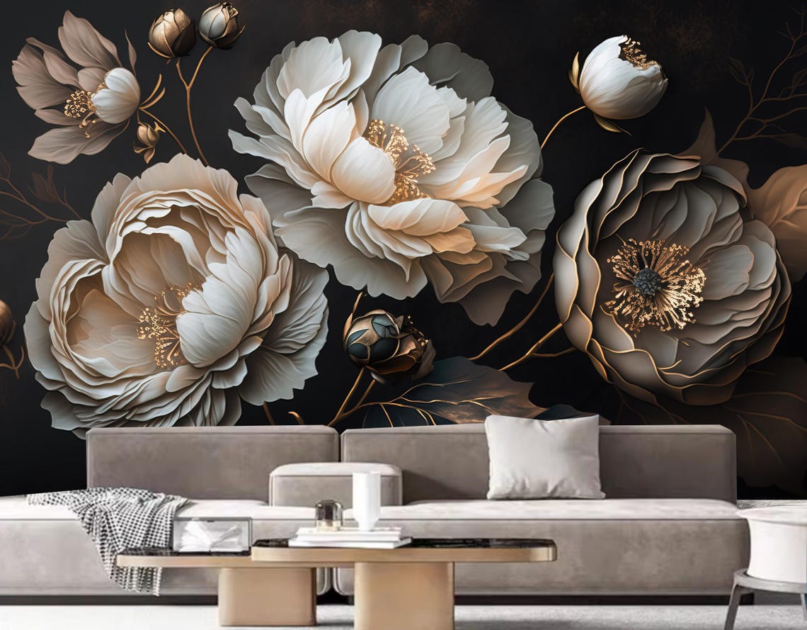 Dark Background White Blooming Pony Flowers Floral Wallpaper Wall Mural ...