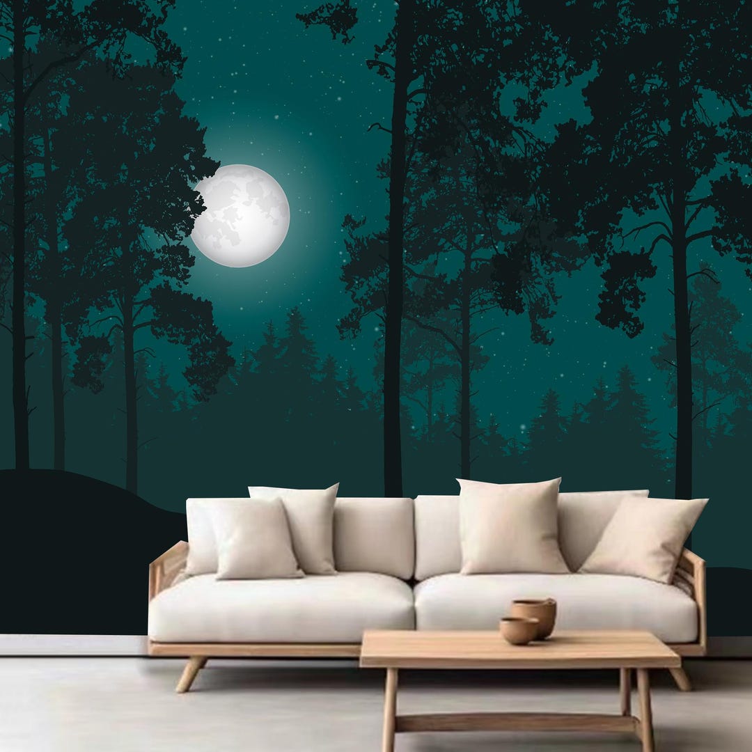 Night Forest Wallpaper Mural: Moonlit Trees Wall Decor - Etsy