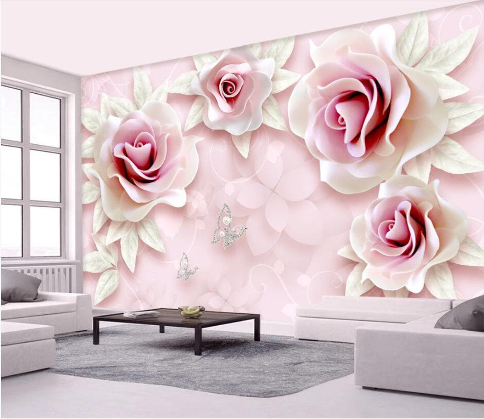 Fresh and Simple 3D Embossed Pink Rose 3D TV Bedroom - Etsy