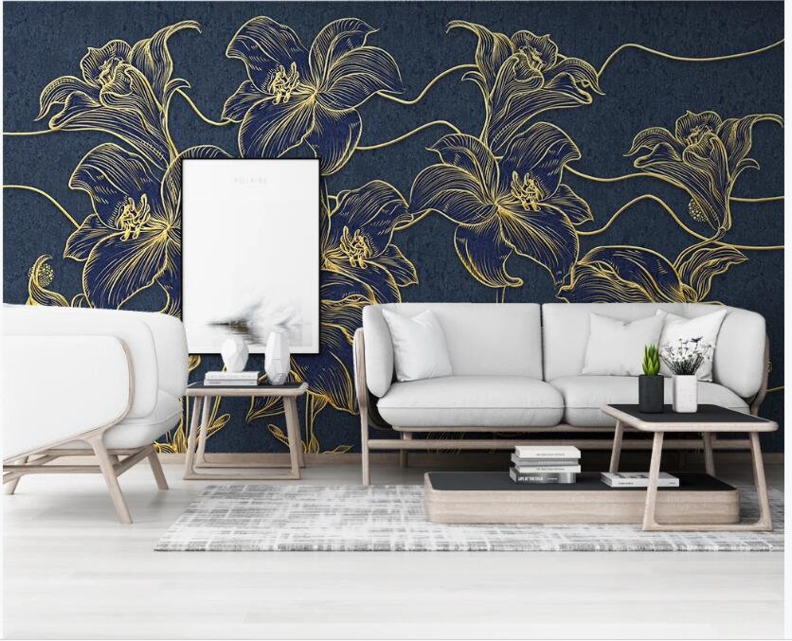 Navy Blue Background Gold Flowers Lily Wall Mural Hand - Etsy