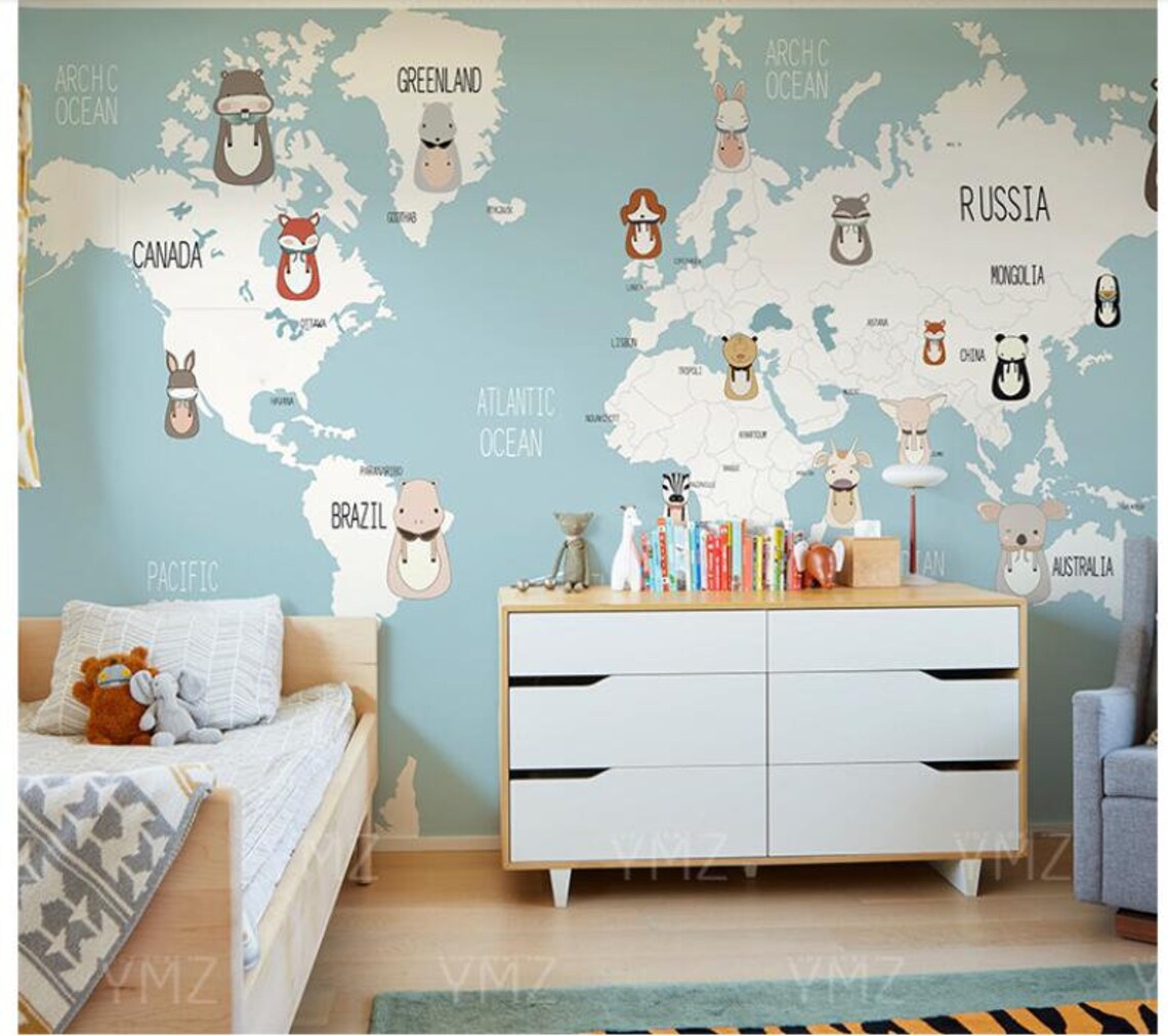 Cartoon Blue World Map Nursery Wallpaper World Map Cartoon - Etsy