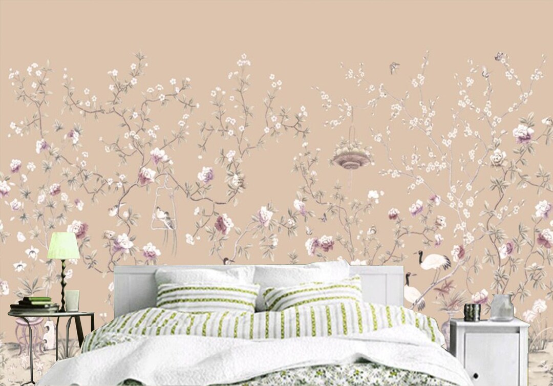 Chinoiserie Crane Wallpaper Mural: Vine Flowers Home Decor - Etsy