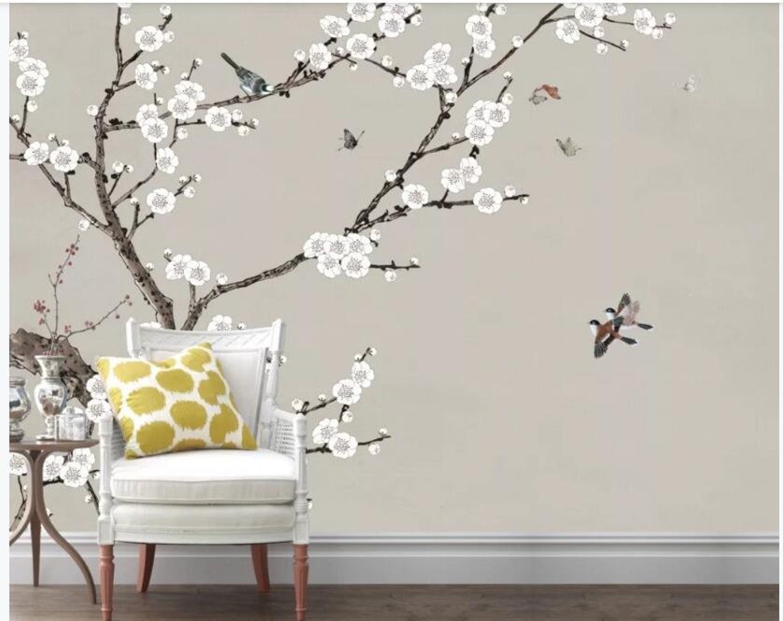 Chinoiserie Hanging Cherry Tree Wallpaper Flying Birds Home - Etsy