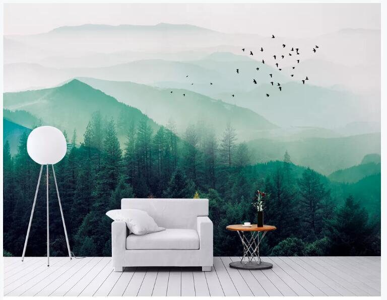 Ombre Mountains Trees Forest Mural Wallpaper Handpainted Pine | Etsy