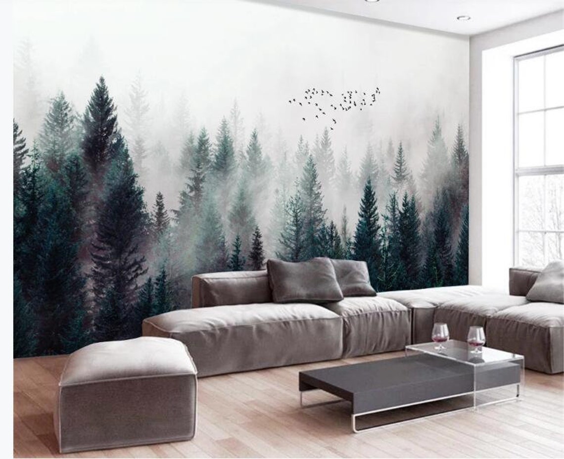 Misty Forest Scene Mural Mountain Forests Mural Forest Haze | Etsy