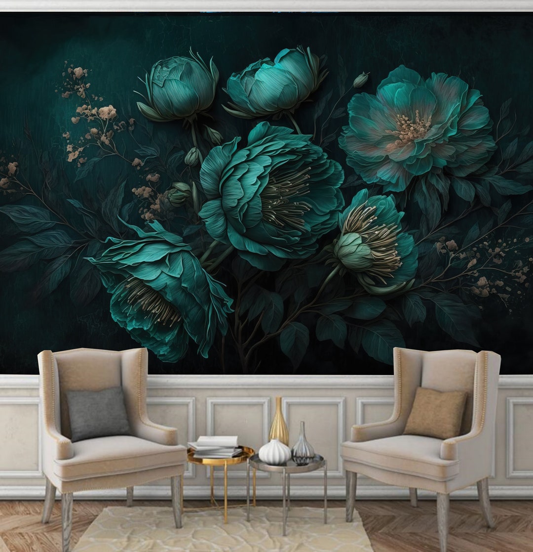 Dark Background Green Peony Flowers Floral Wallpaper Wall Mural Home ...
