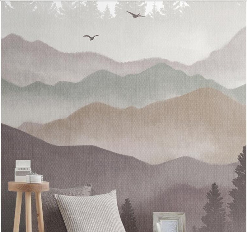 Ombre Mountains Mural Wallpaper Geometry Mountain With Trees | Etsy