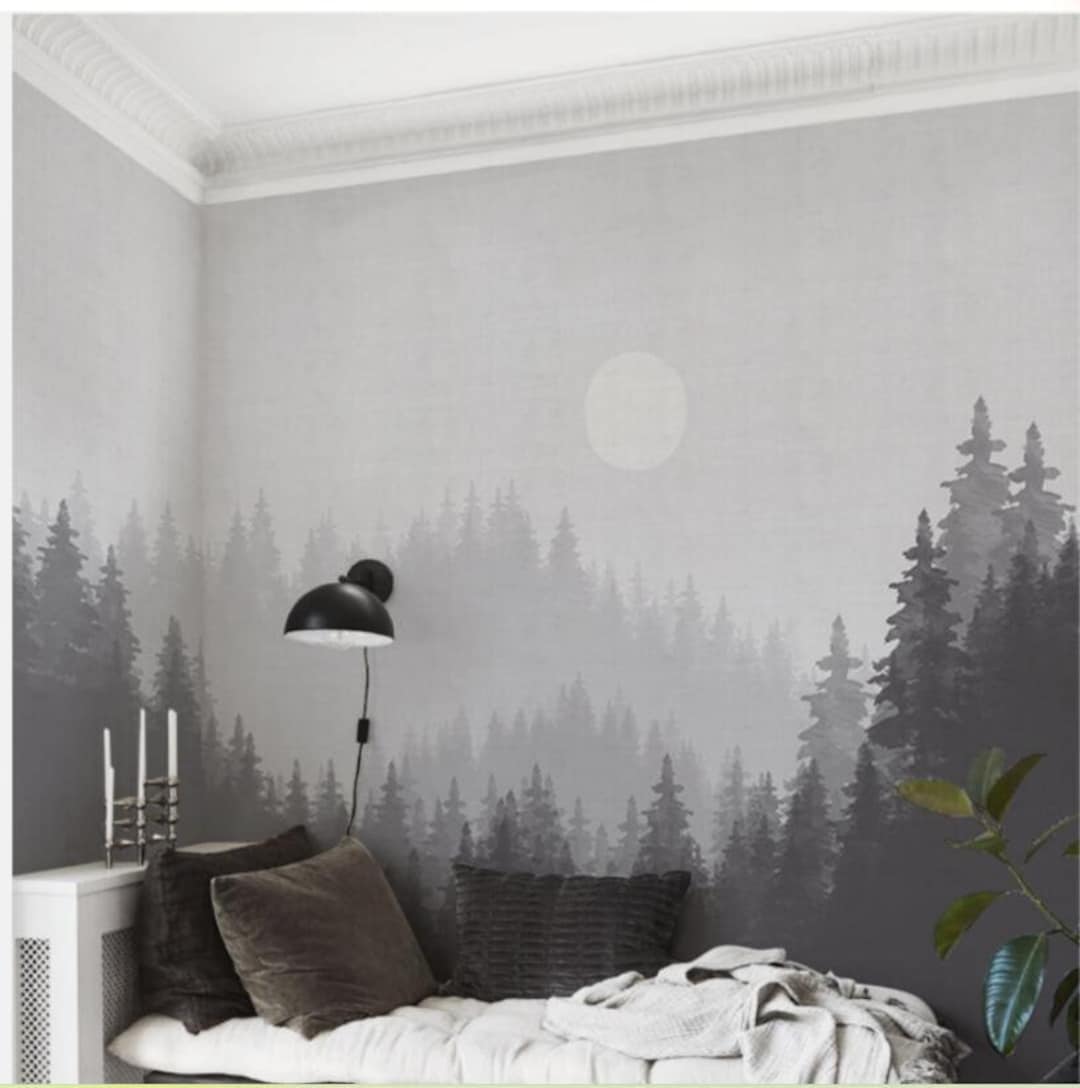 Grey Pine Trees Forest Wallpaper Wall Mural Home Decor - Etsy
