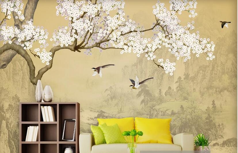 Chinoiserie Hanging Cherry Tree Wallpaper Flying Birds Home - Etsy